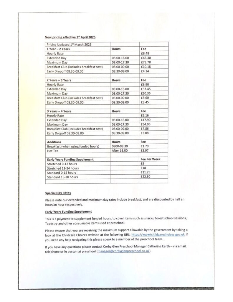 Available Sessions/ Payment/ Early Years Entitlement Offer. – Corby ...